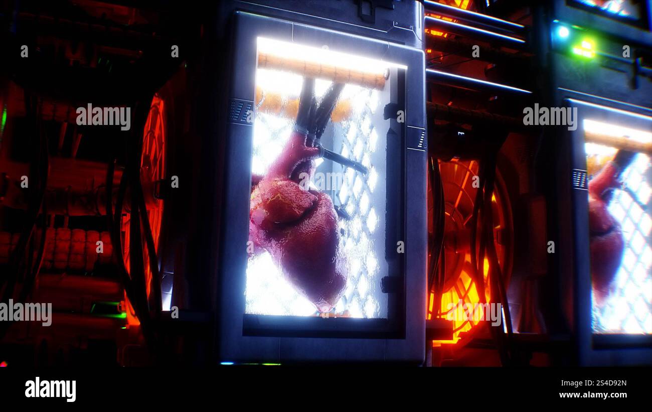 Growing a heart in a futuristic capsule. genetic engineering concept ...