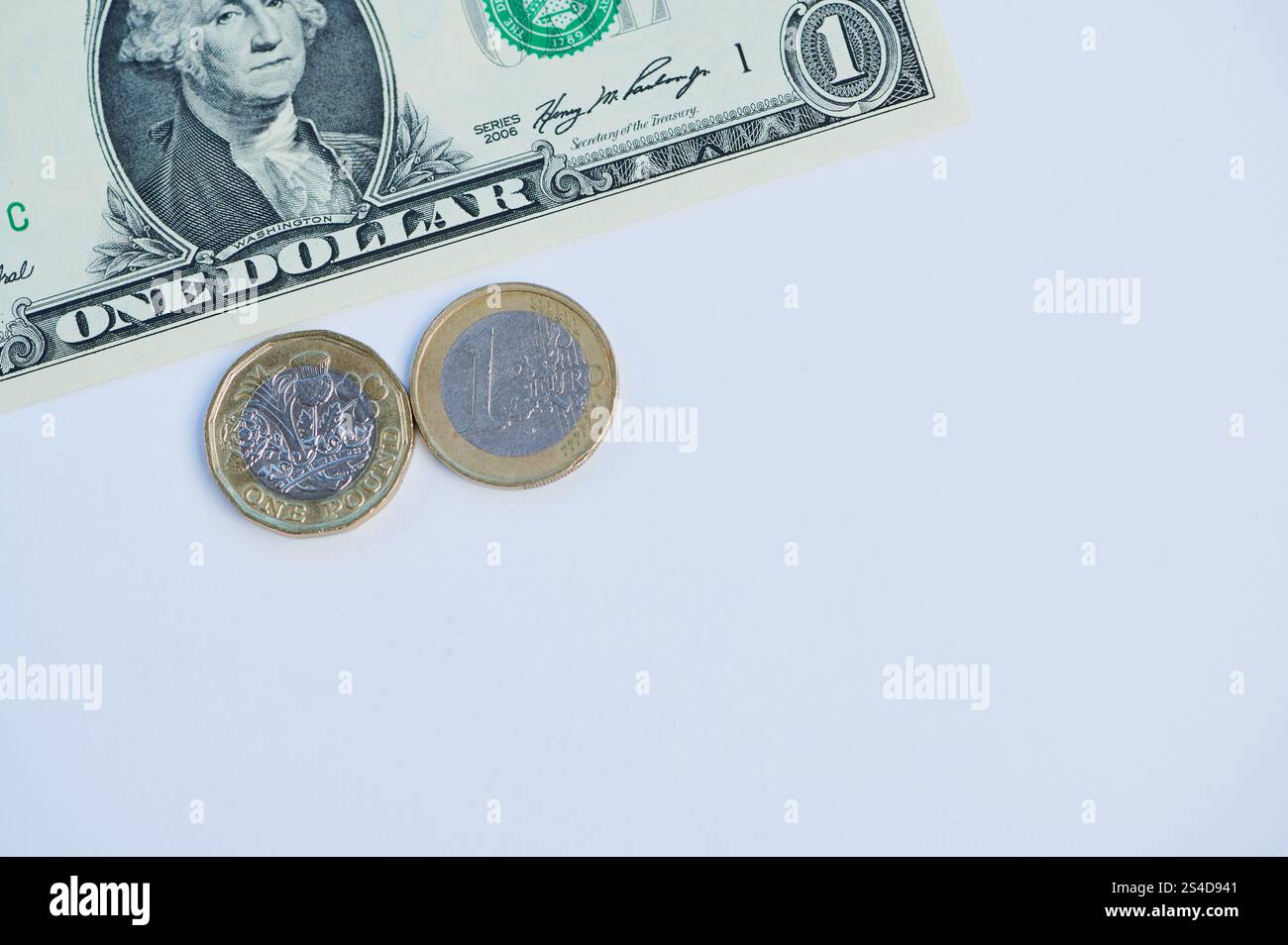 Currency exchange involving dollar, pound, and euro on a simple white ...