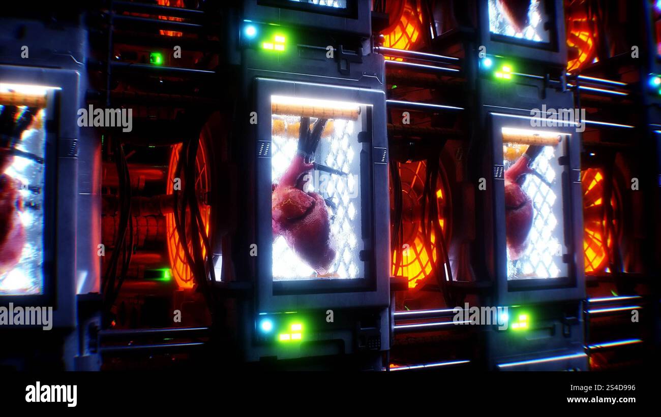 Growing a heart in a futuristic capsule. genetic engineering concept ...