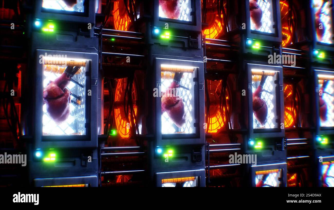 Growing a heart in a futuristic capsule. genetic engineering concept ...