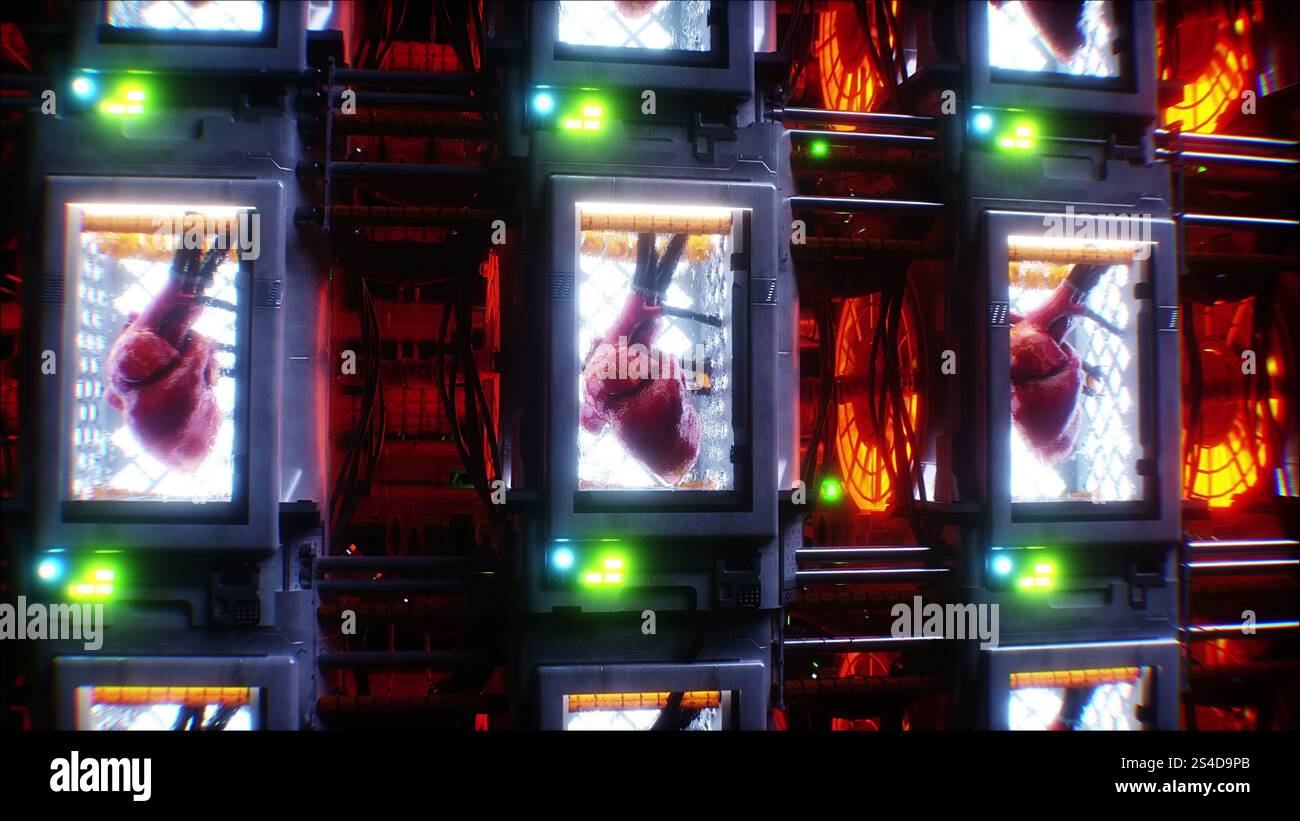 Growing a heart in a futuristic capsule. genetic engineering concept ...