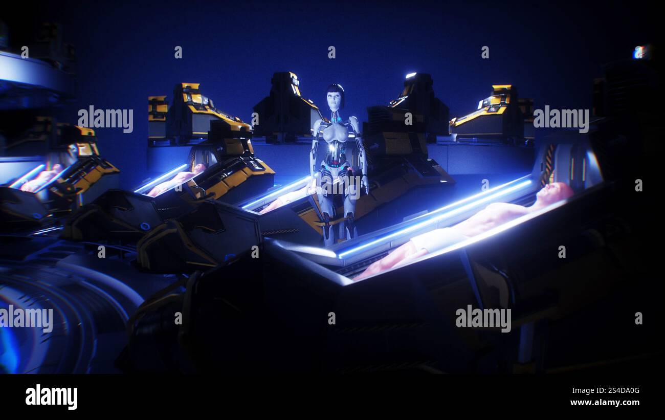 futuristic female robot in laboratory with cryocapsules with sleeping ...