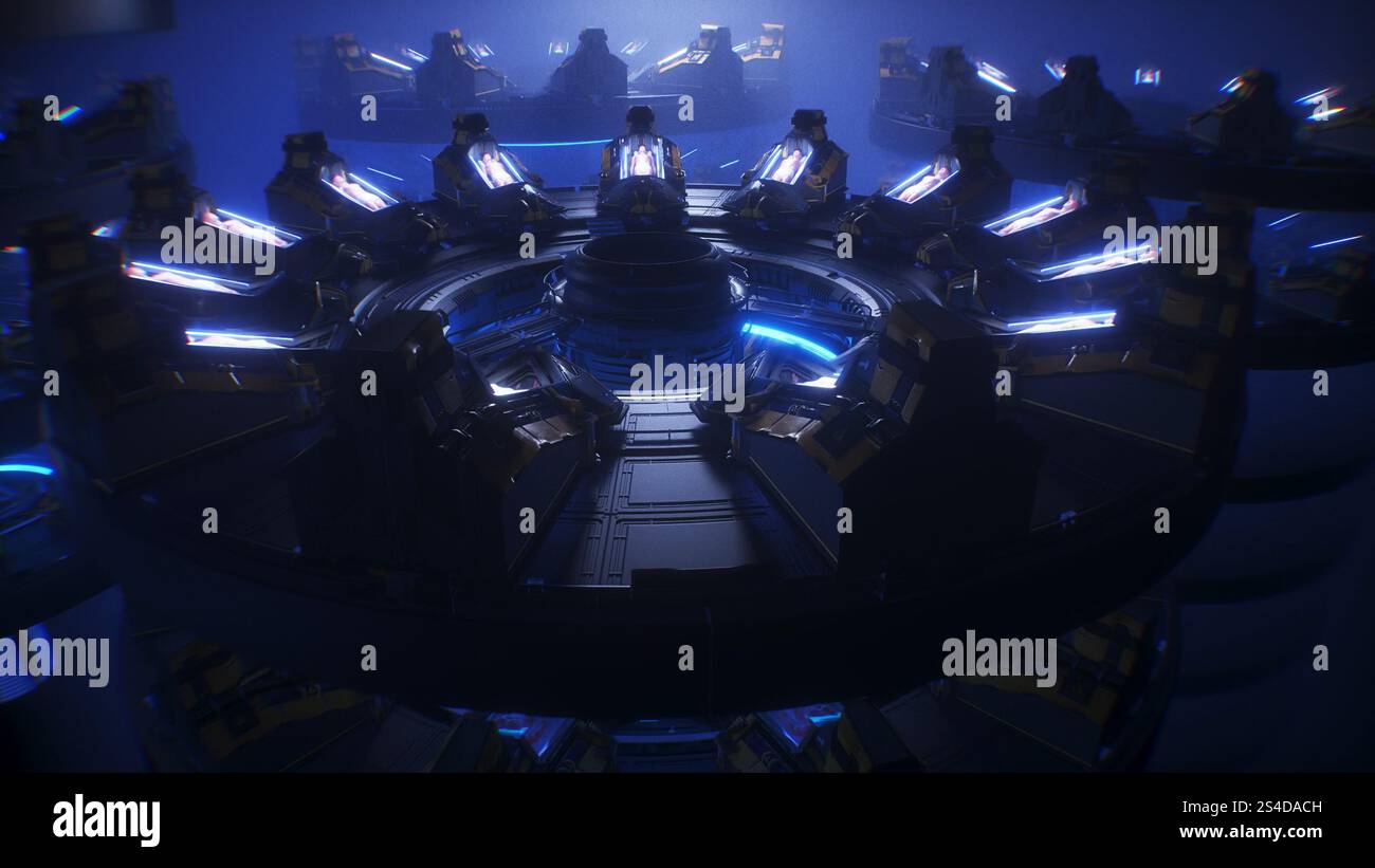 futuristic laboratory with cryocapsules with sleeping peoples. Cryo ...