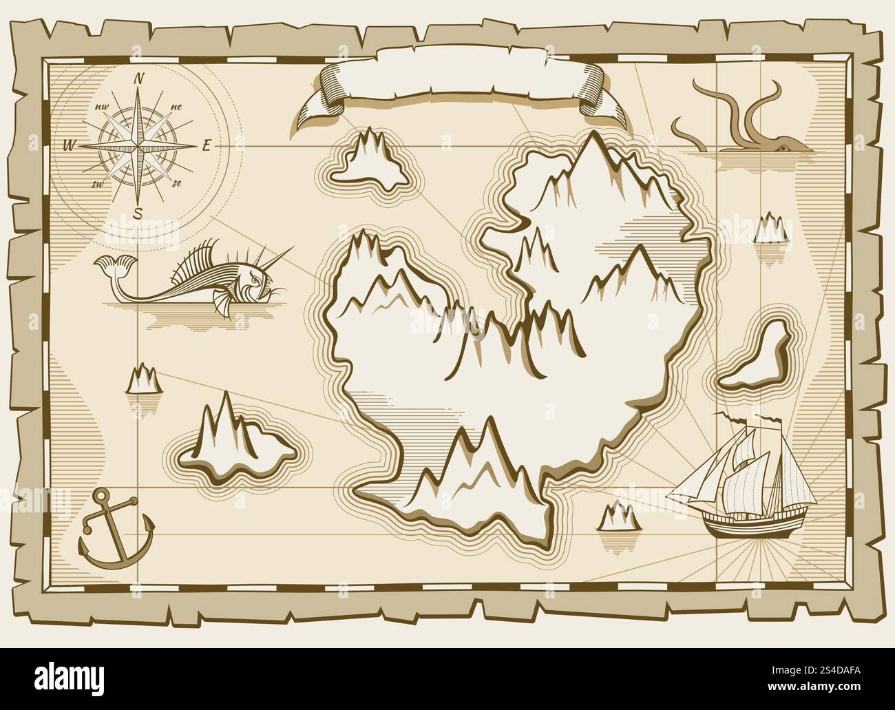 Vintage parchment vector brown map. Paper parchment with ancient map ...