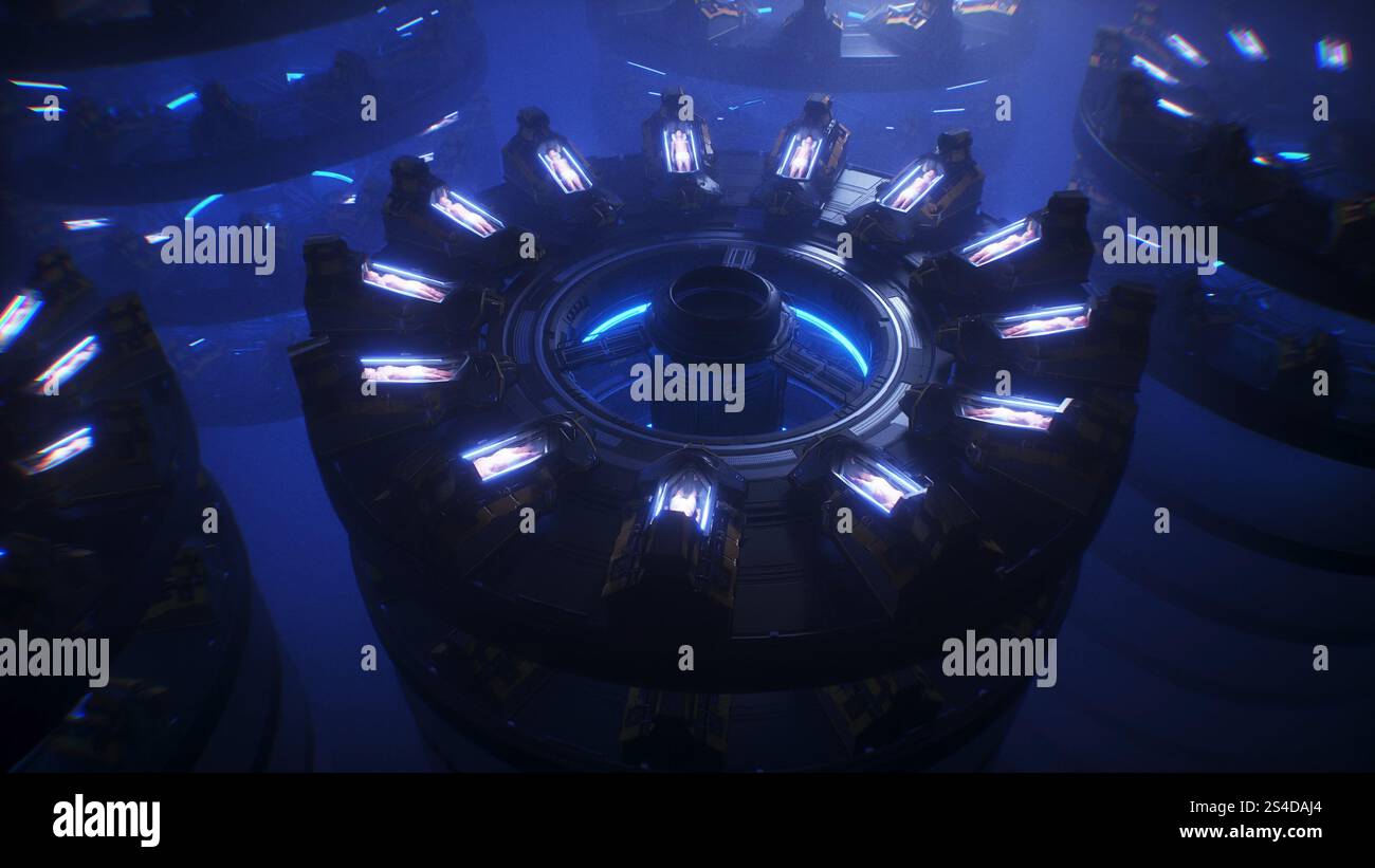 futuristic laboratory with cryocapsules with sleeping peoples. Cryo ...