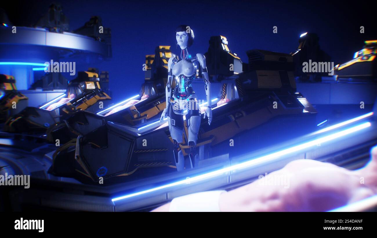 futuristic female robot in laboratory with cryocapsules with sleeping ...