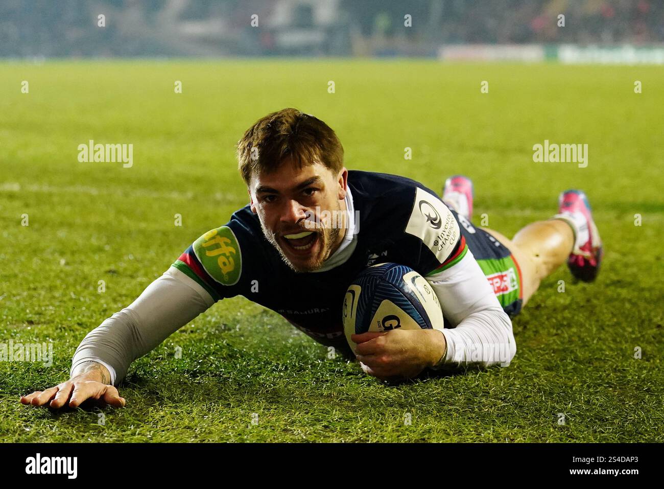 Leicester Tigers' Ollie Hassell-Collins scores a try during the ...
