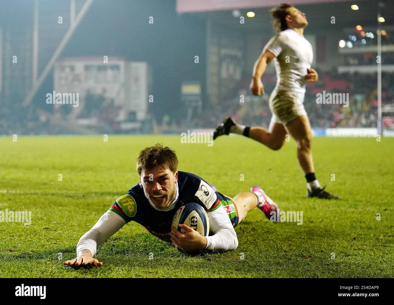 Leicester Tigers' Ollie Hassell-Collins scores a try during the ...
