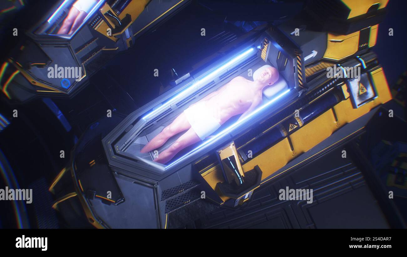 futuristic laboratory with cryocapsules with sleeping peoples. Cryo ...