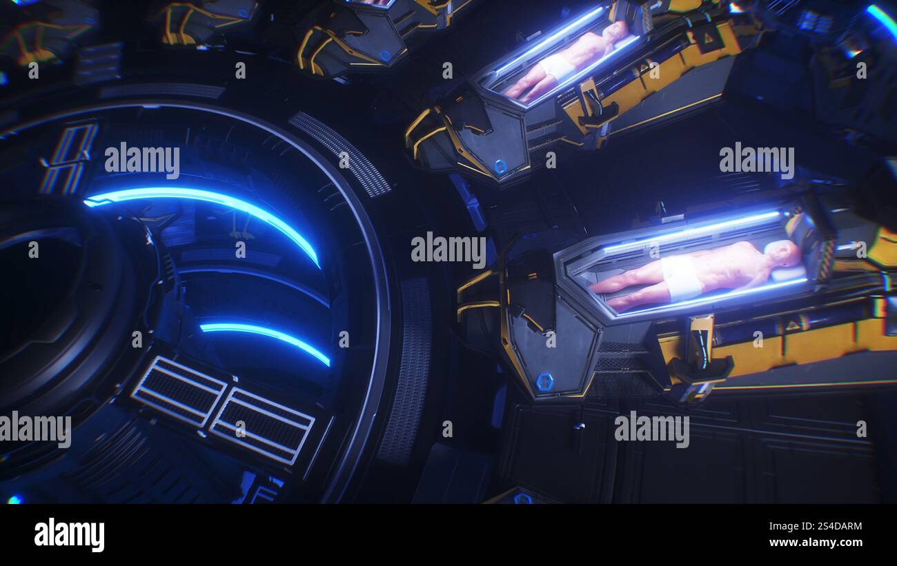 futuristic laboratory with cryocapsules with sleeping peoples. Cryo ...