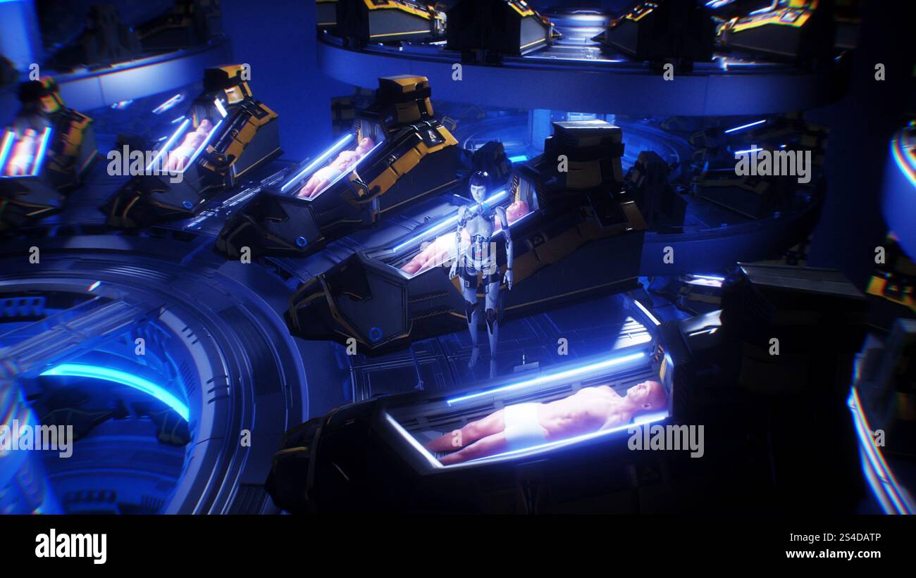 futuristic female robot in laboratory with cryocapsules with sleeping ...