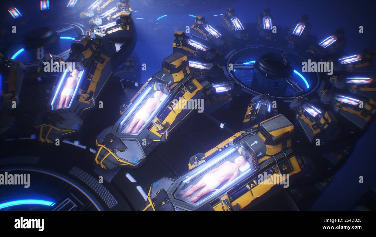 futuristic laboratory with cryocapsules with sleeping peoples. Cryo ...