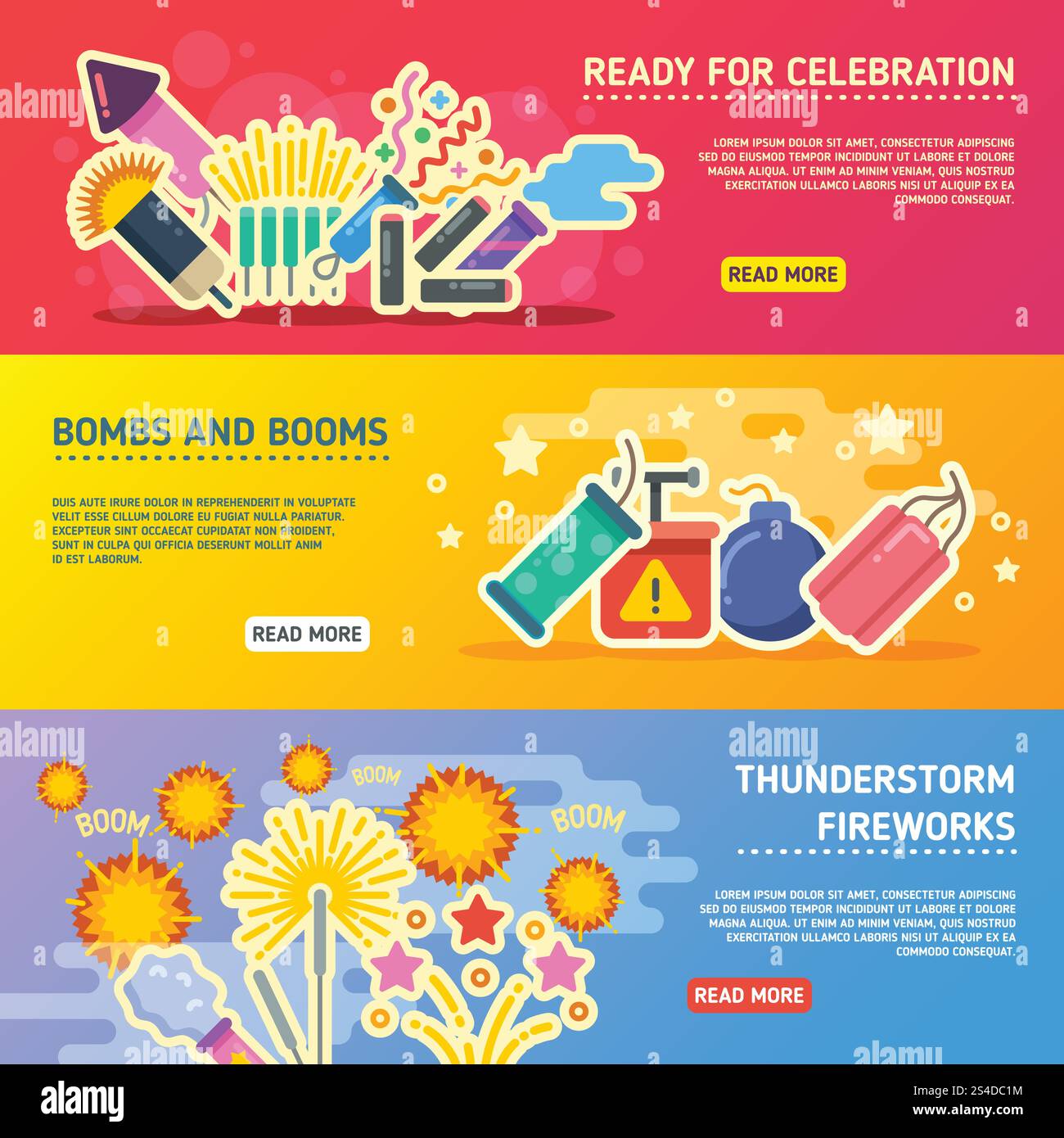 Holiday fire, crackers show set of vector business banners. Horizontal ...