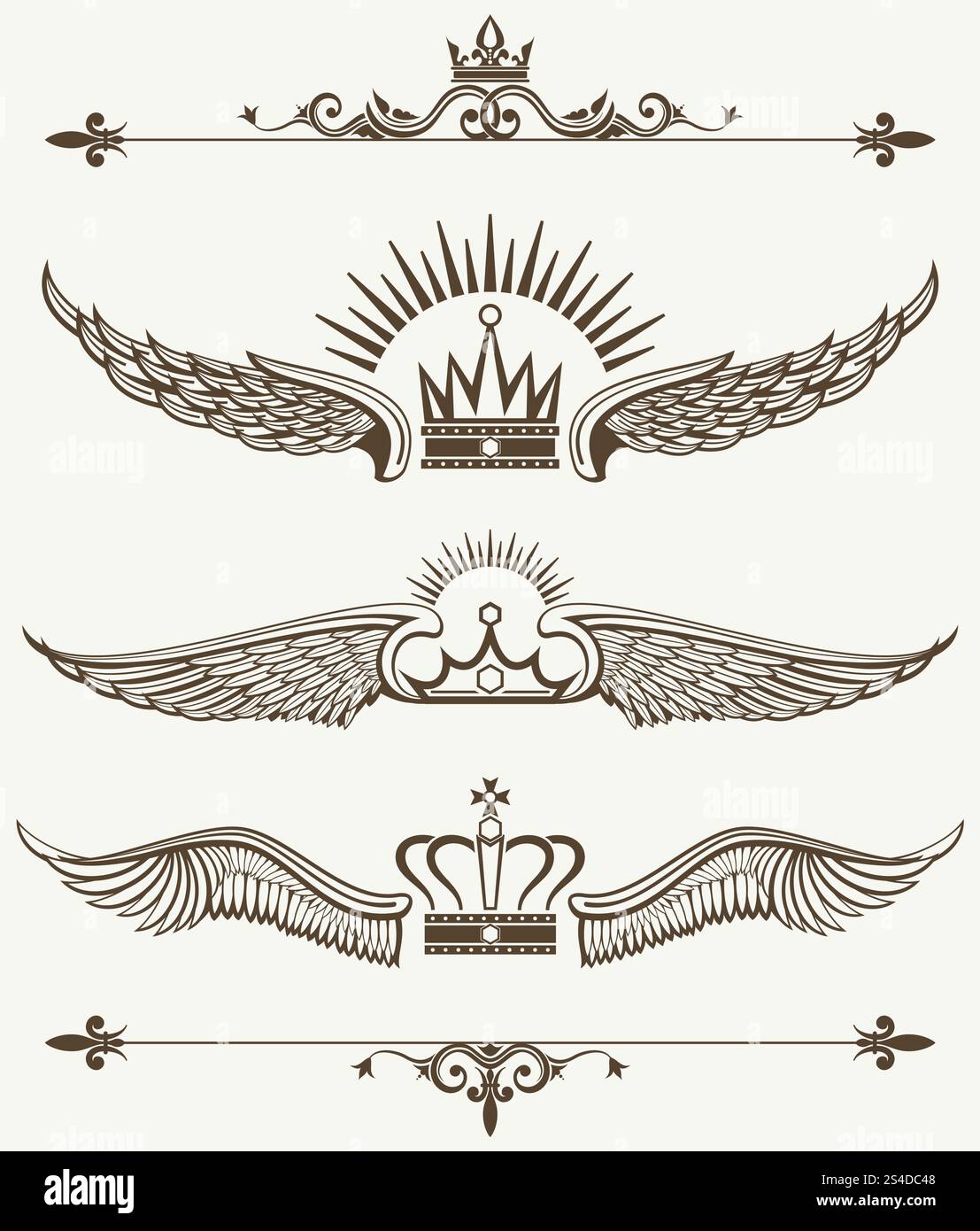 Set of royal winged crowns design elements. Nobility antique frame ...