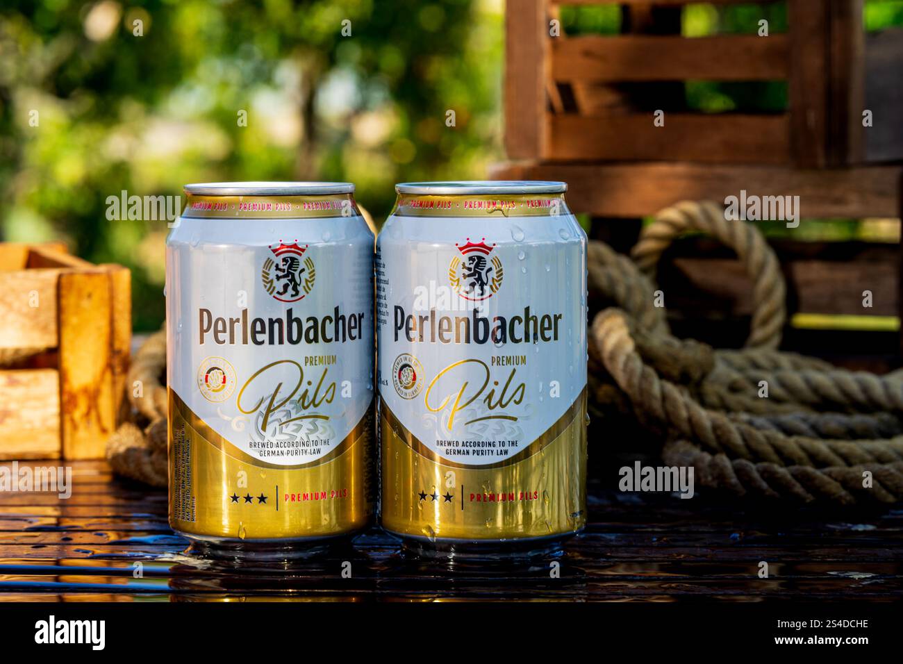 Perlenbacher beer can - condensation water droplets, outdoors ...
