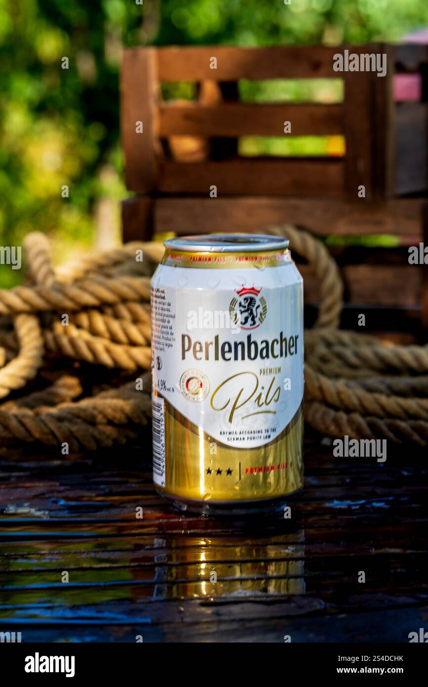 Perlenbacher beer can - condensation water droplets, outdoors ...
