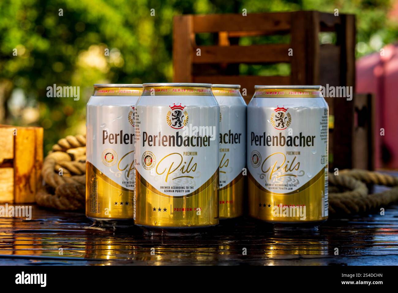 Perlenbacher beer can - condensation water droplets, outdoors ...