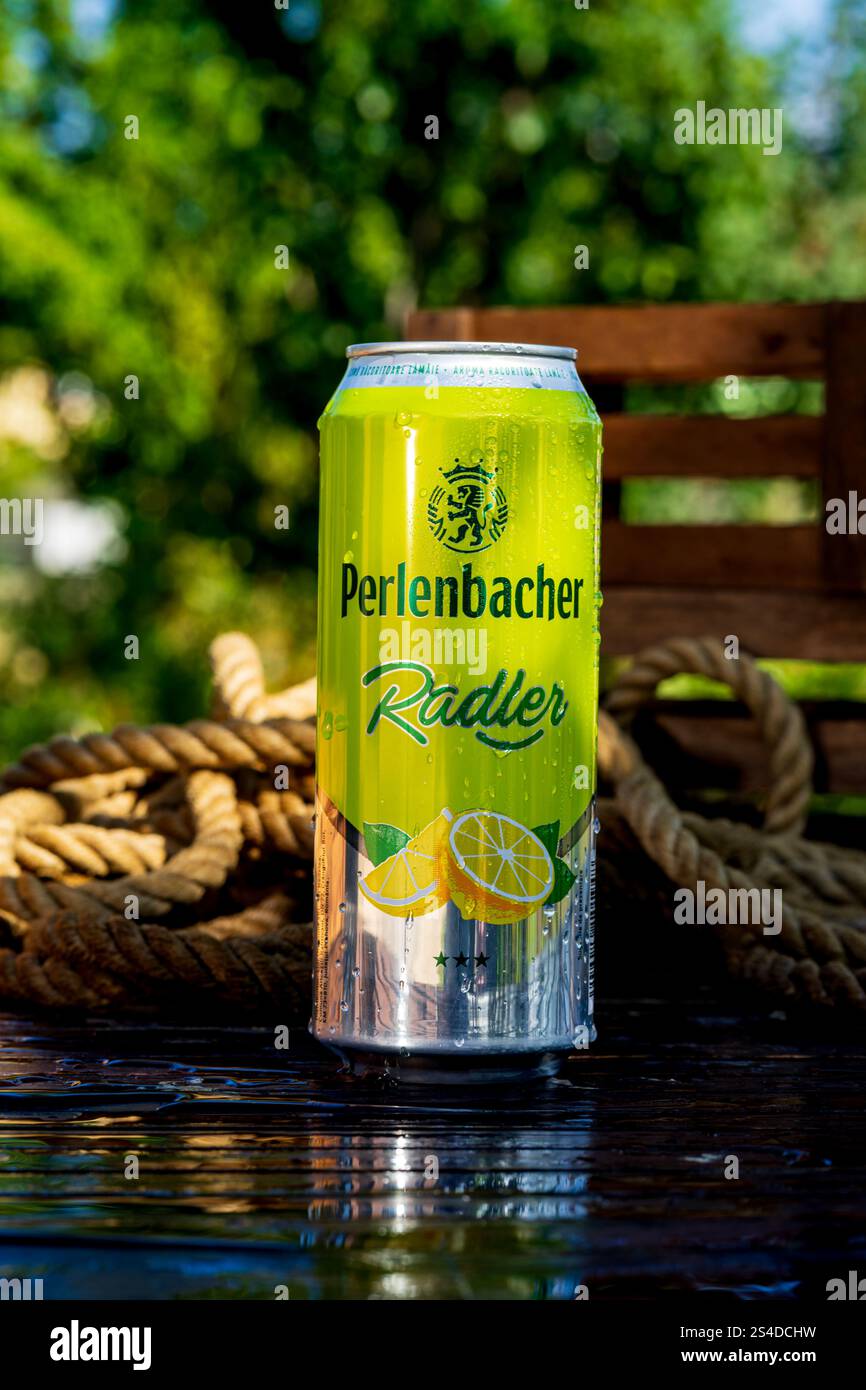 Perlenbacher Radler beer can - condensation water droplets, outdoors ...