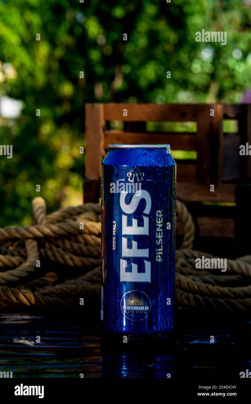 Efes beer can - condensation water droplets, outdoors background Stock ...