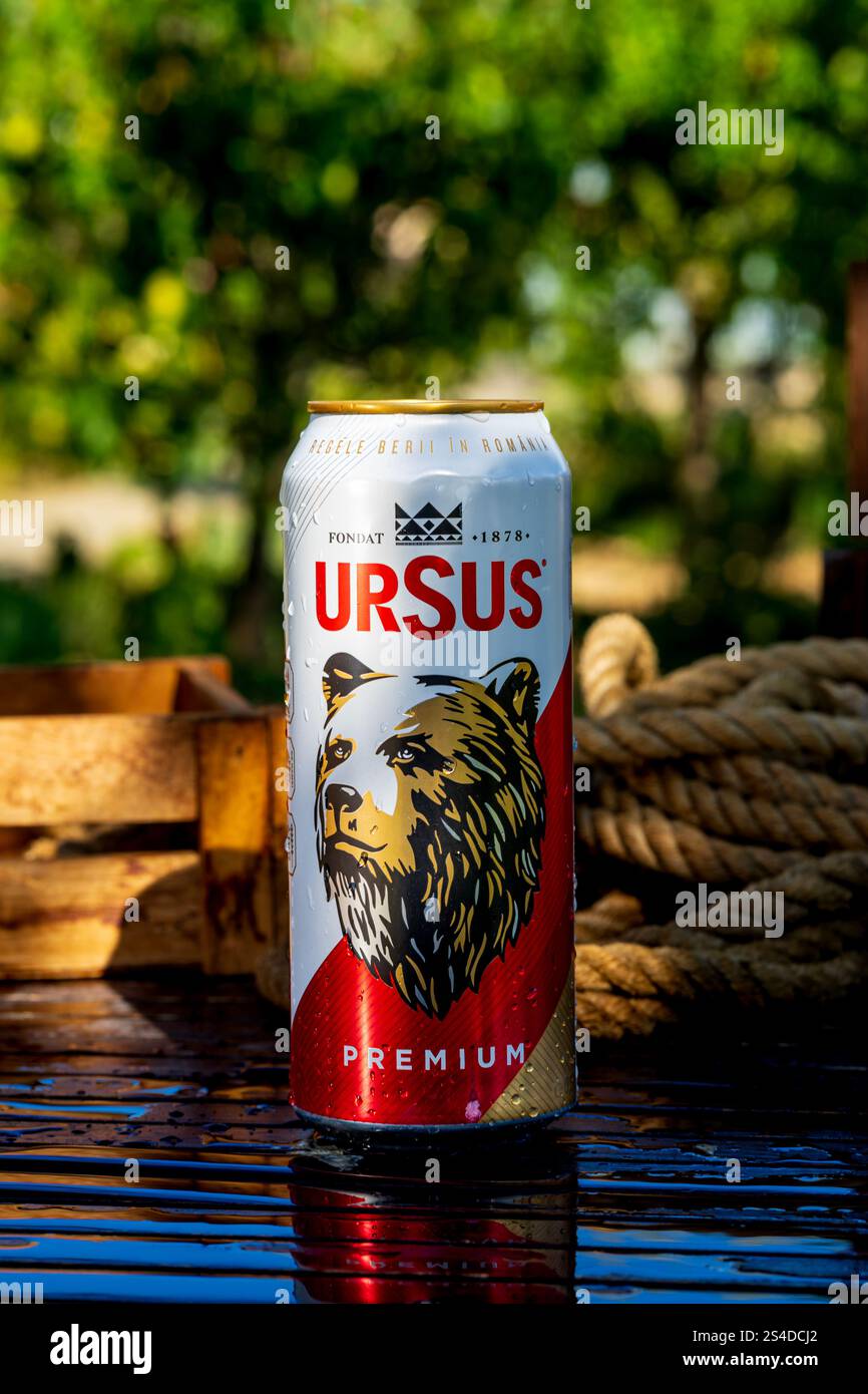 Ursus beer can - condensation water droplets, outdoors background Stock ...