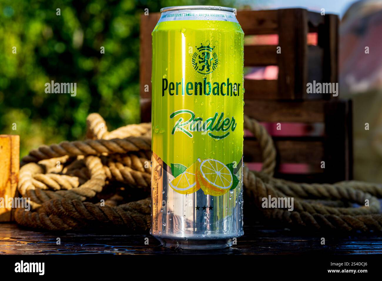 Perlenbacher Radler beer can - condensation water droplets, outdoors ...