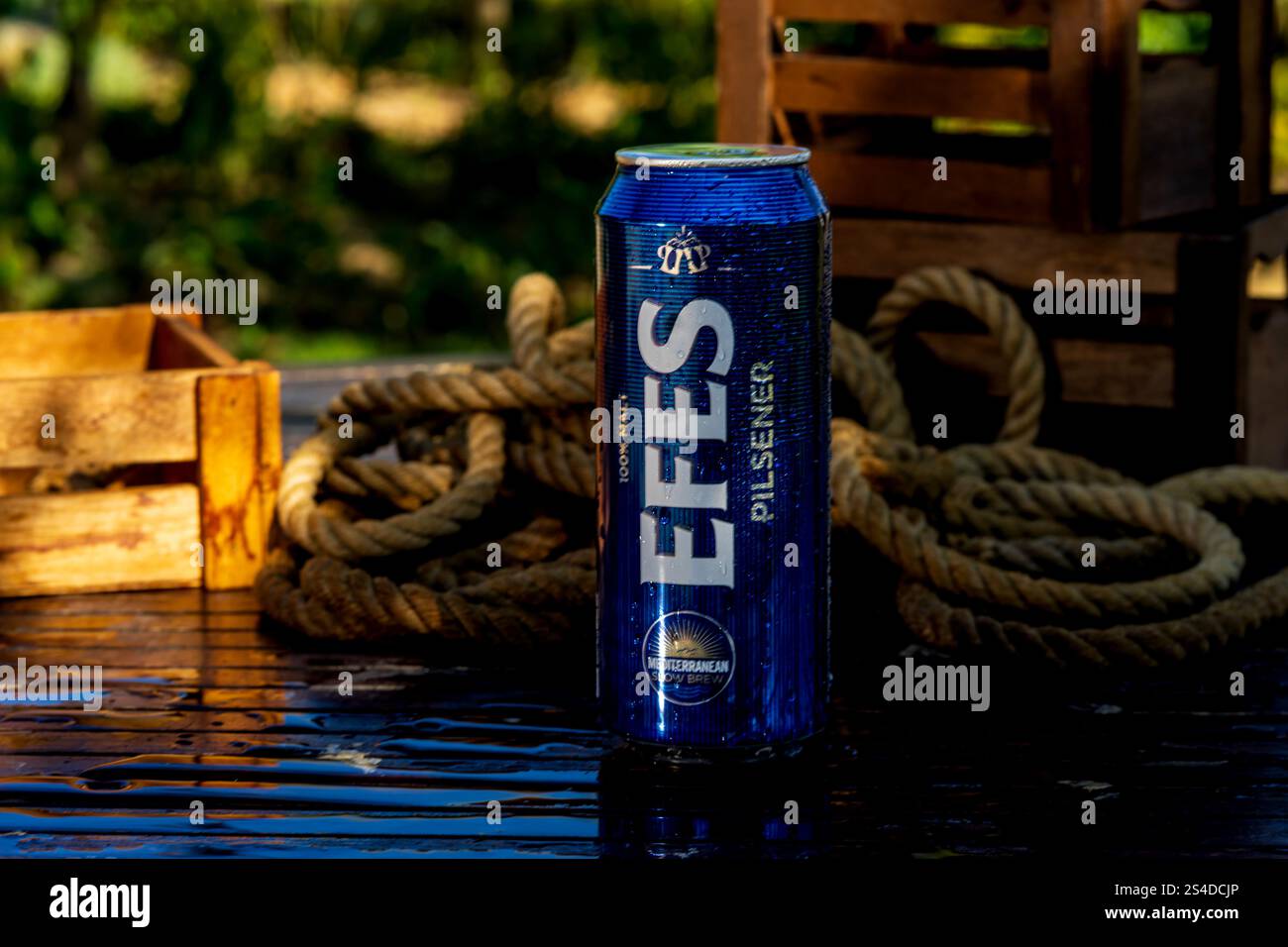 Efes beer can - condensation water droplets, outdoors background Stock ...