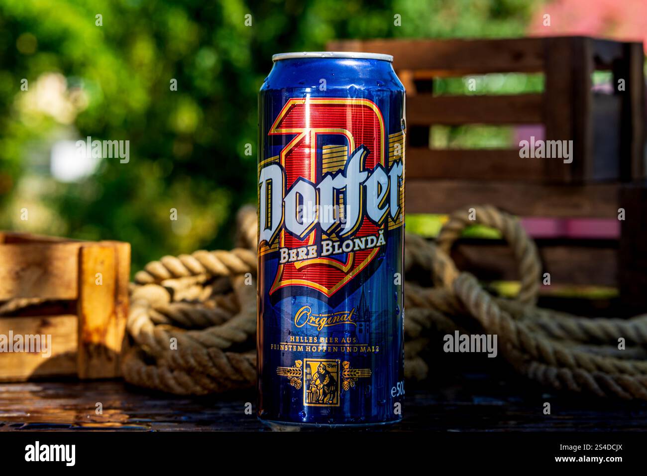 Dorfer beer can - condensation water droplets, outdoors background ...