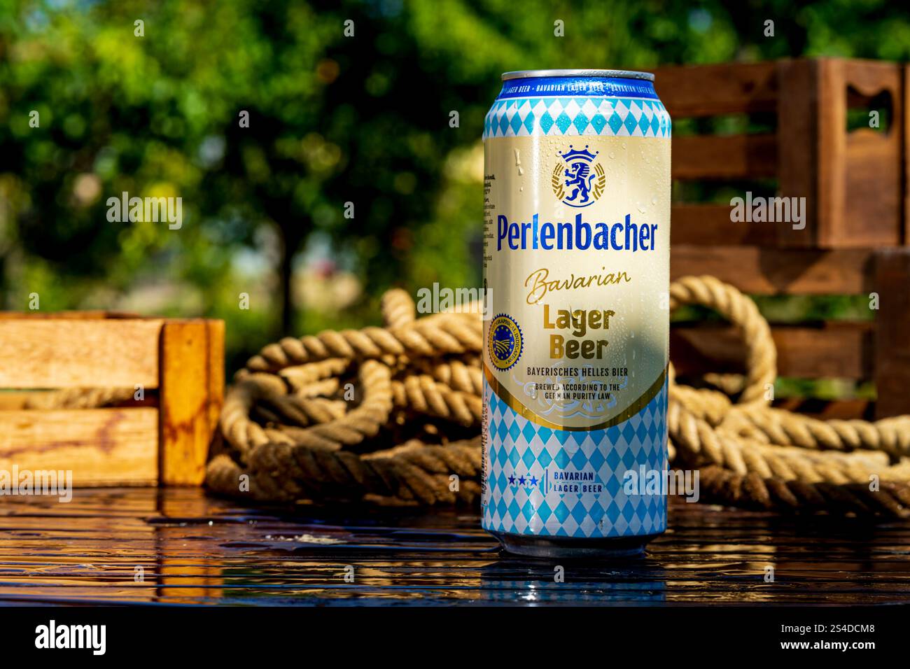 Perlenbacher beer can - condensation water droplets, outdoors ...