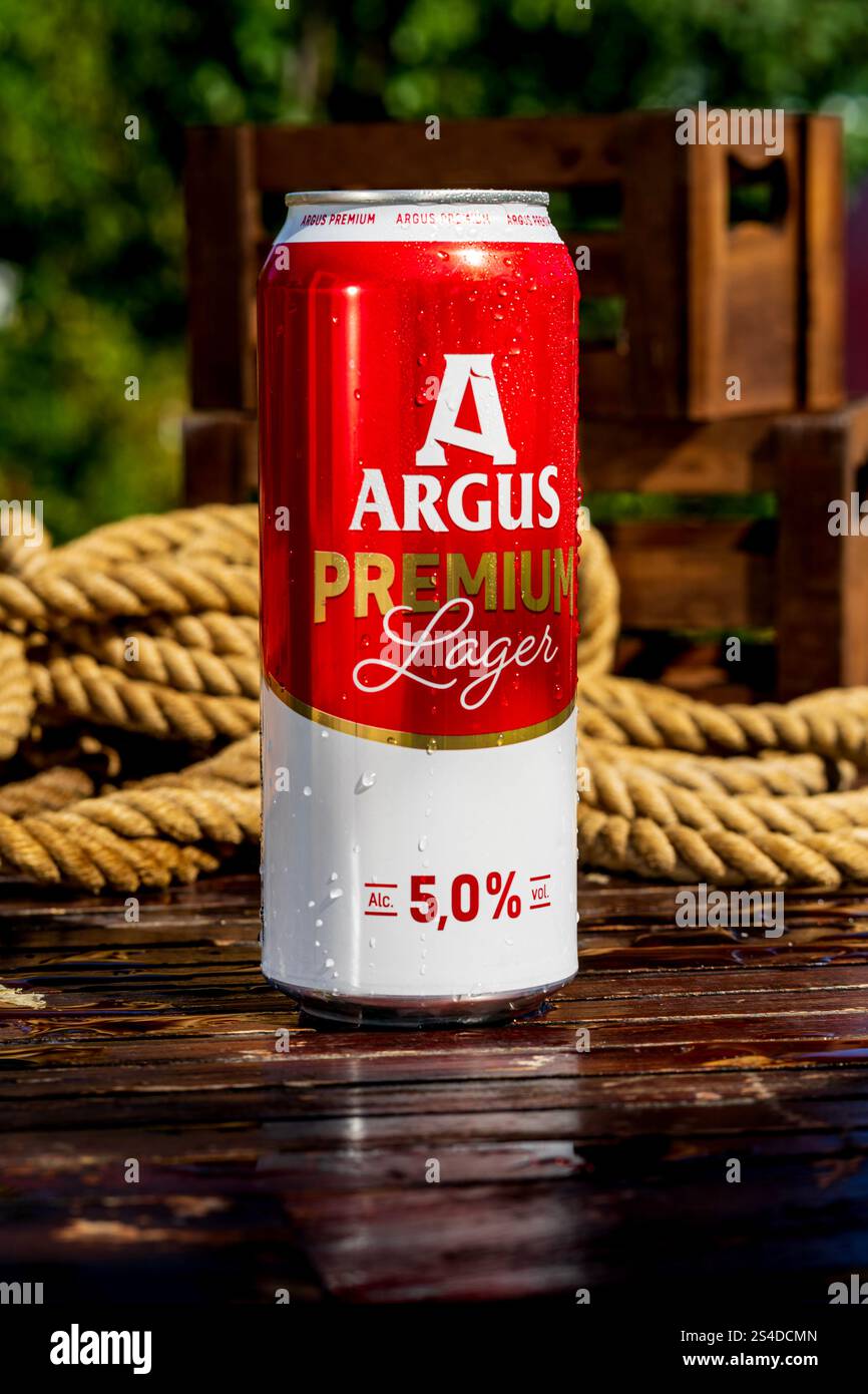 Argus beer can - condensation water droplets, outdoors background Stock ...