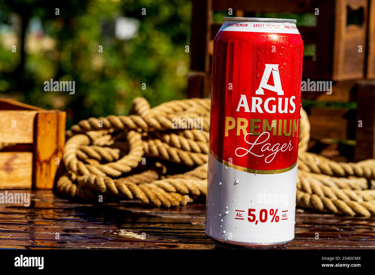 Argus beer can - condensation water droplets, outdoors background Stock ...