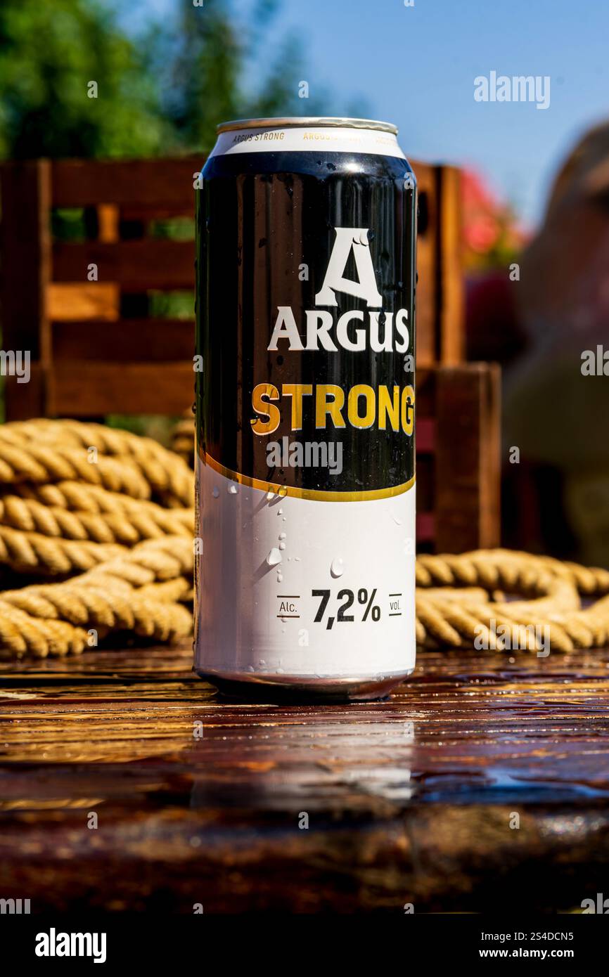 Argus beer can - condensation water droplets, outdoors background Stock ...