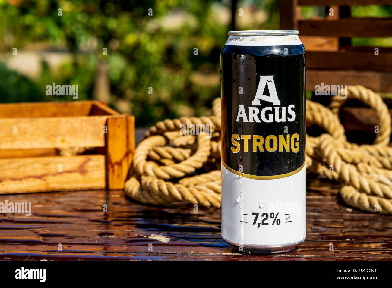 Argus beer can - condensation water droplets, outdoors background Stock ...
