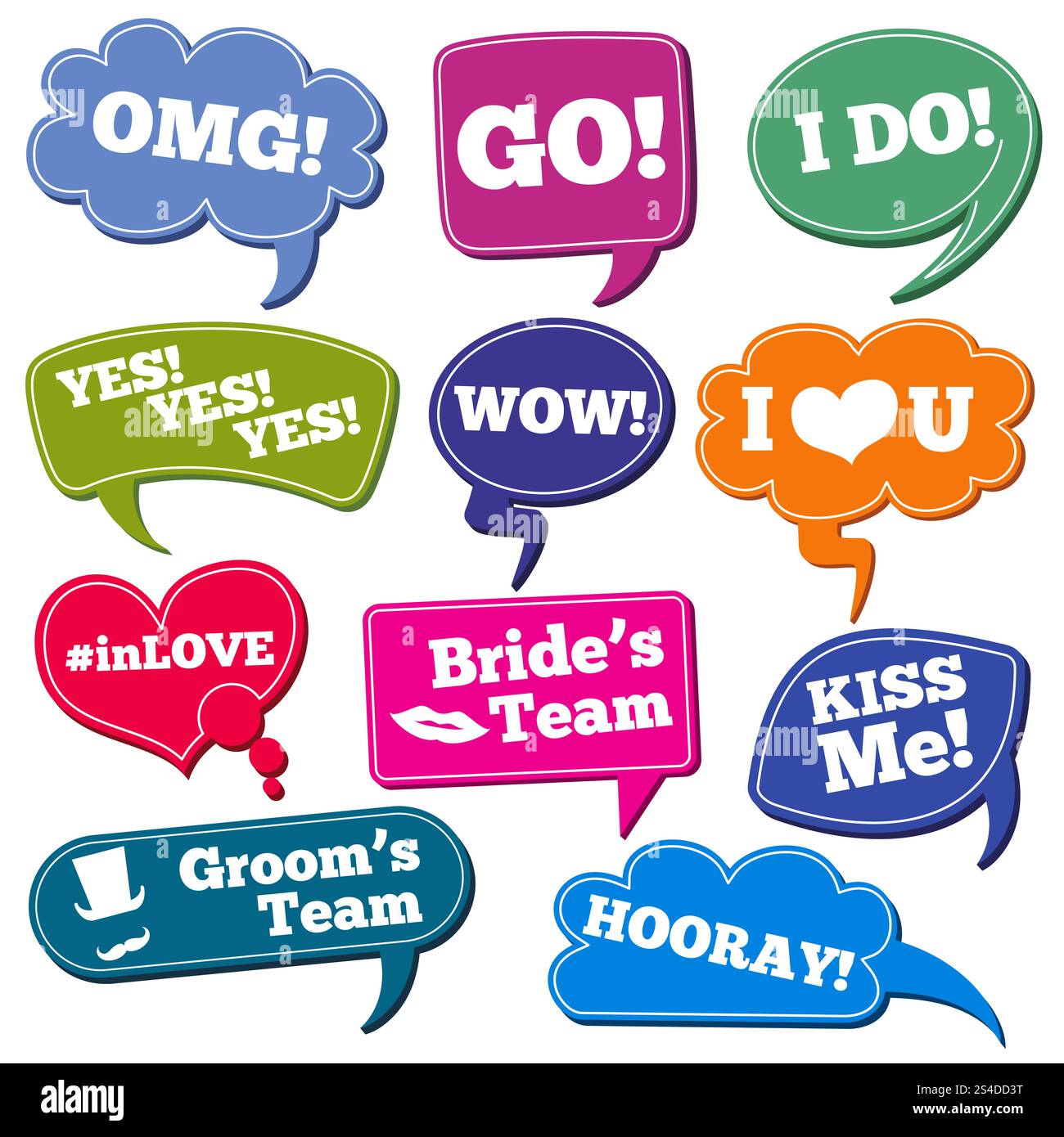 Weddings phrases in speech bubbles vector photo props set. Color speech ...
