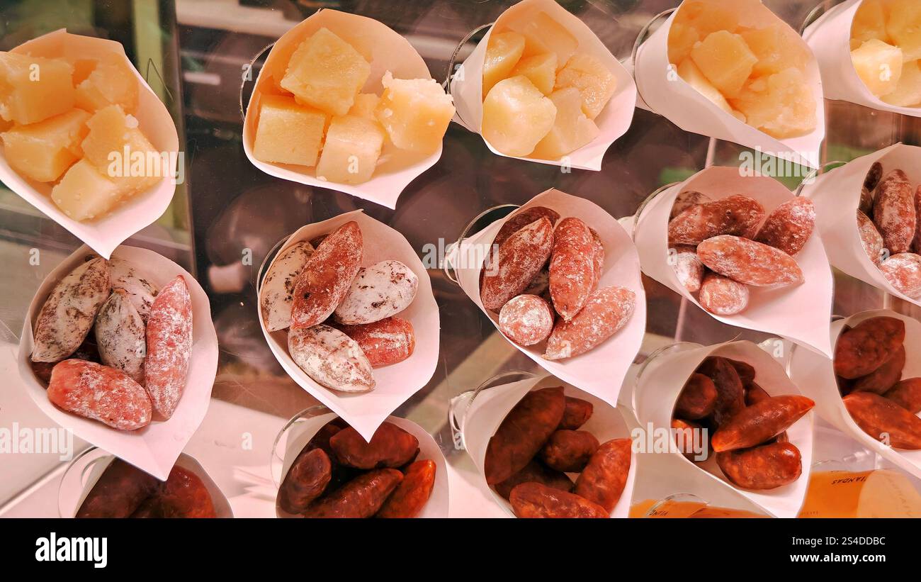 Spanish street food, snack, tapas. Showcase in store with small ...