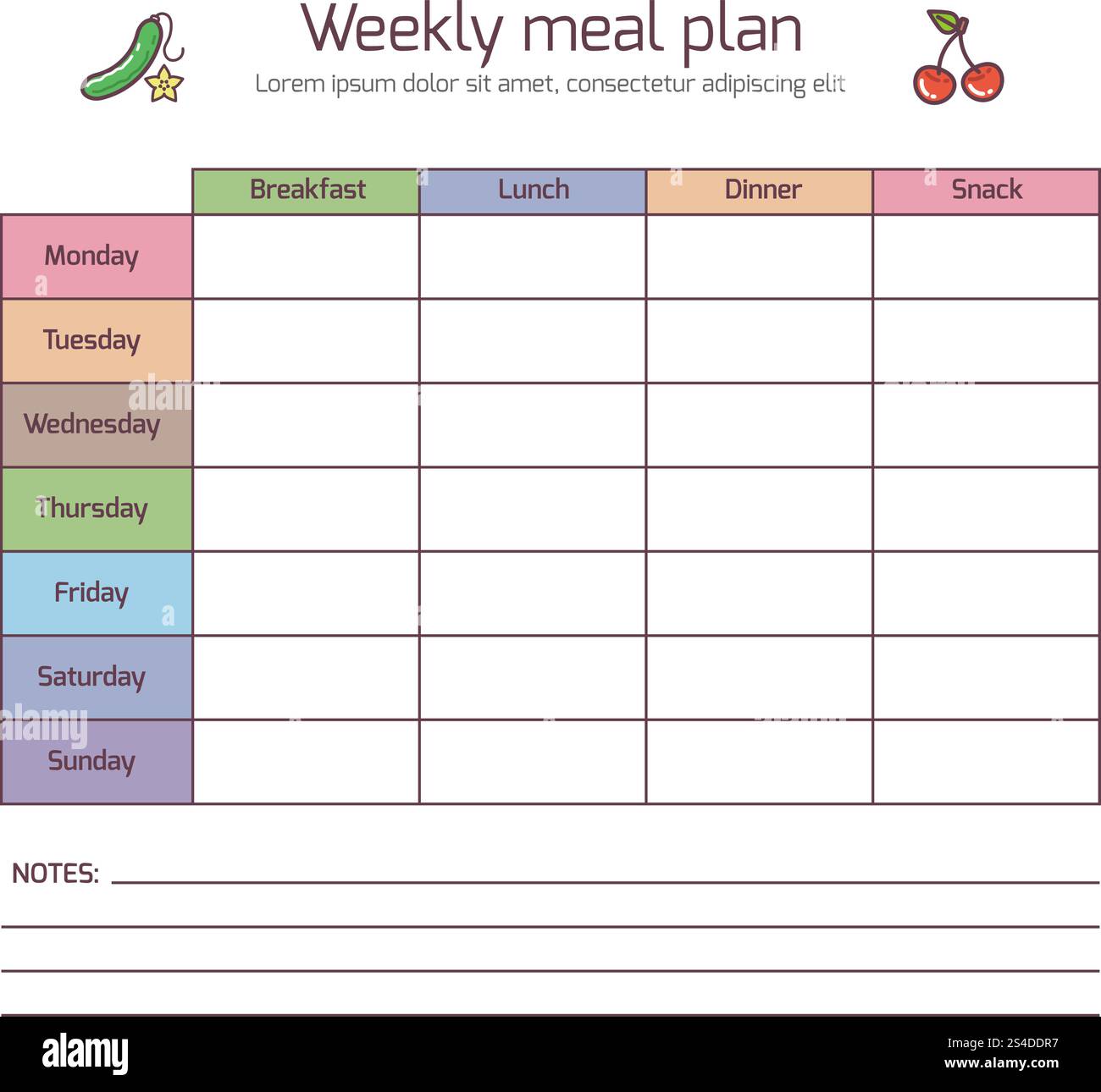 Weekly meal plan, mealtime vector diary. Meals schedule, week food ...