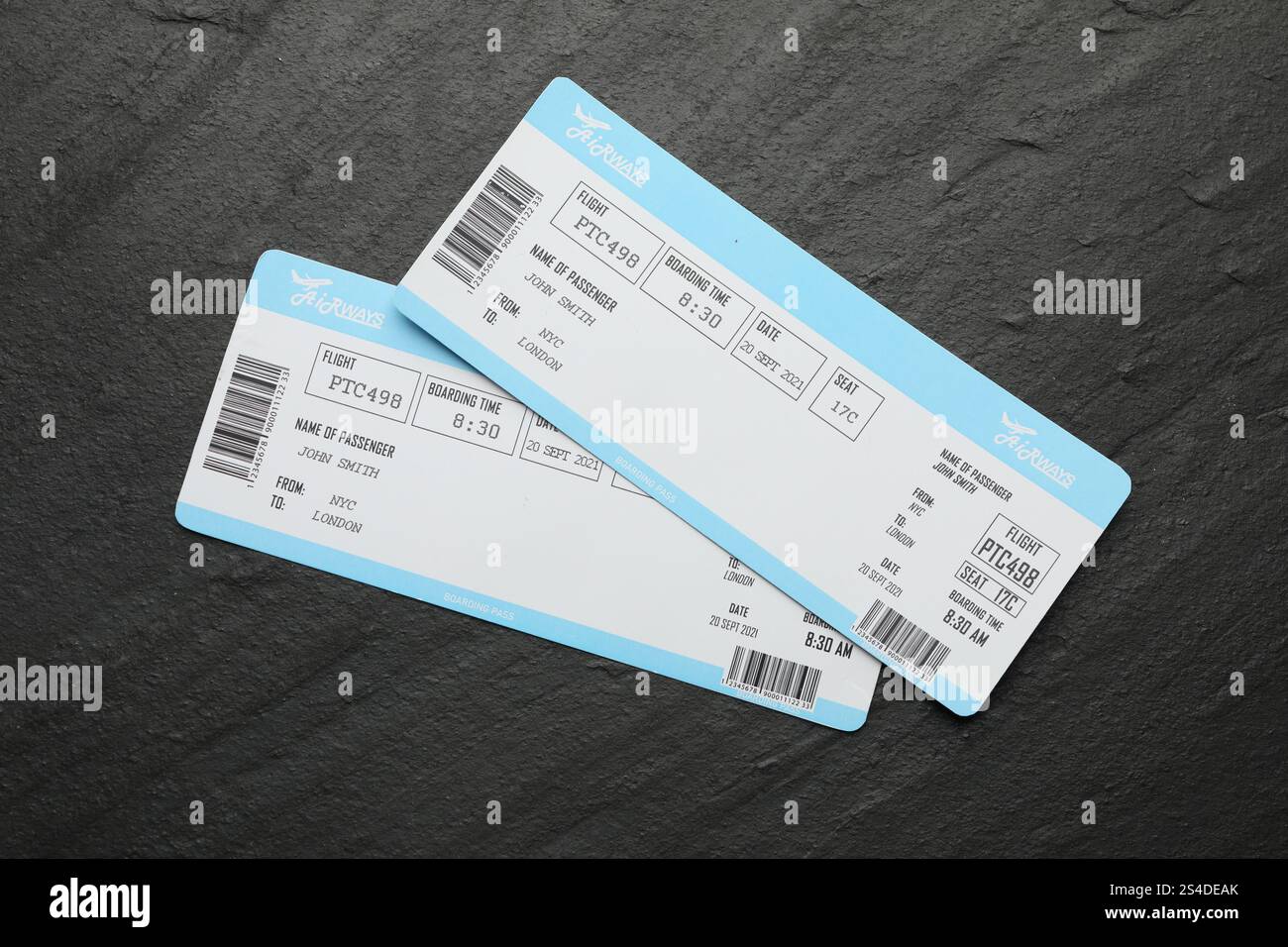 Travel agency. Flight tickets on dark textured table, top view Stock ...