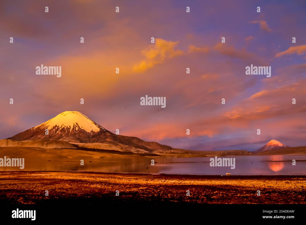 Scenic volcano landscape in Chile. Volcano Parinacota in Arica y ...