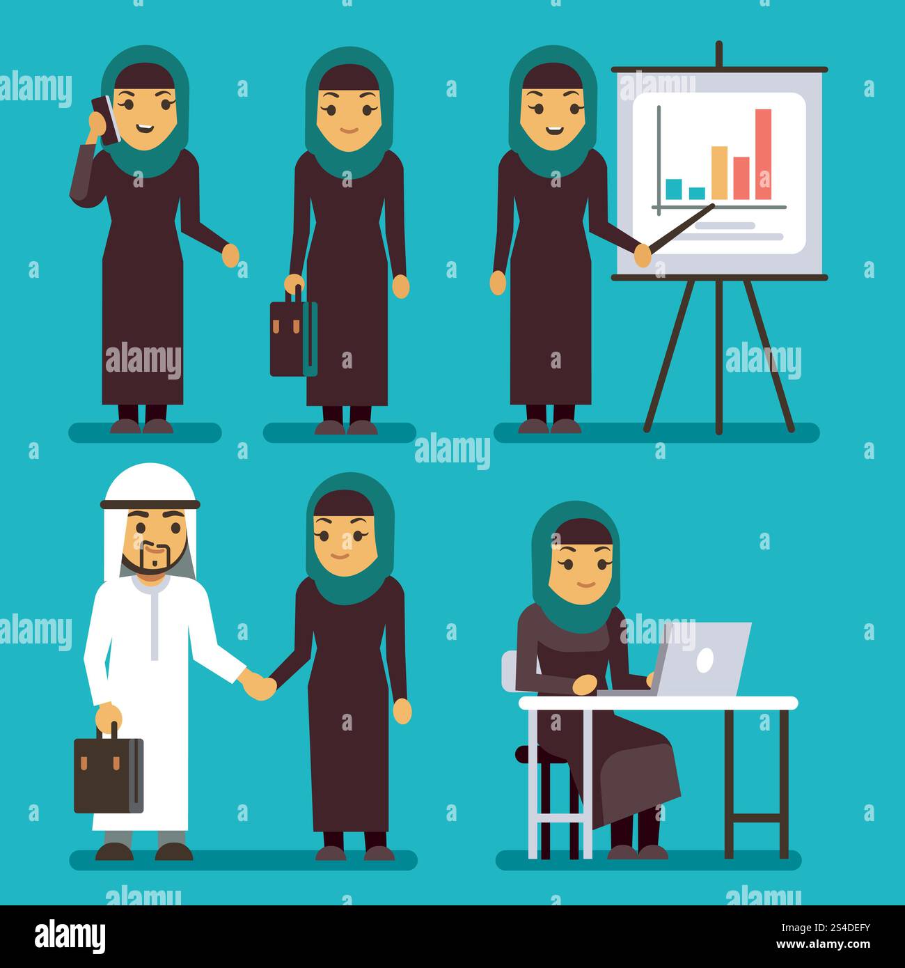 Arab businesswoman vector characters set. Saudi, iranian women at work ...