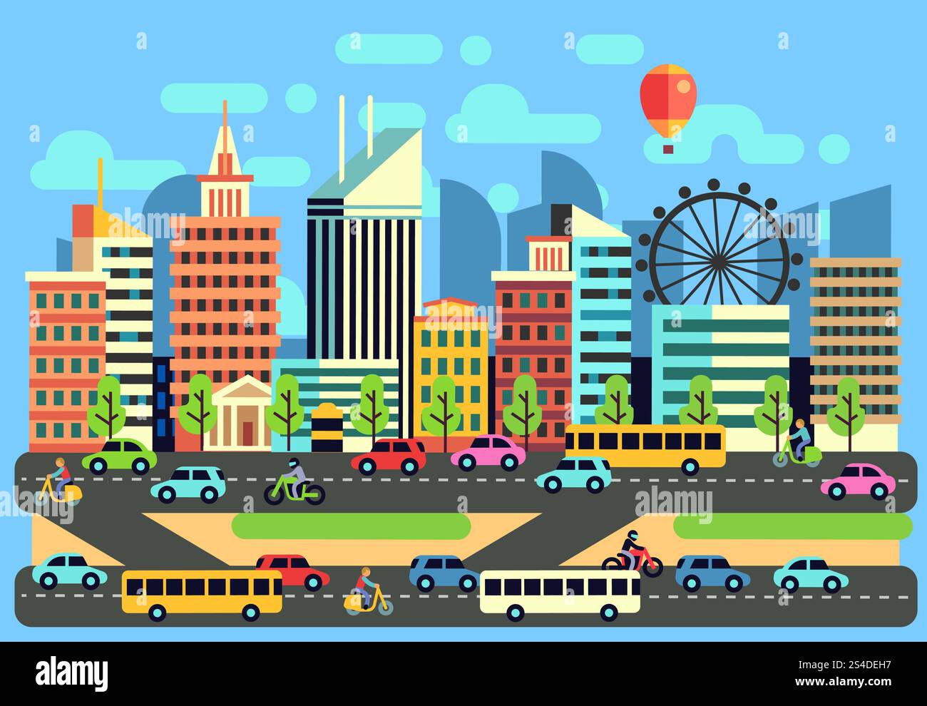 Urban, city traffic landscape with moving passenger transport vehicles ...