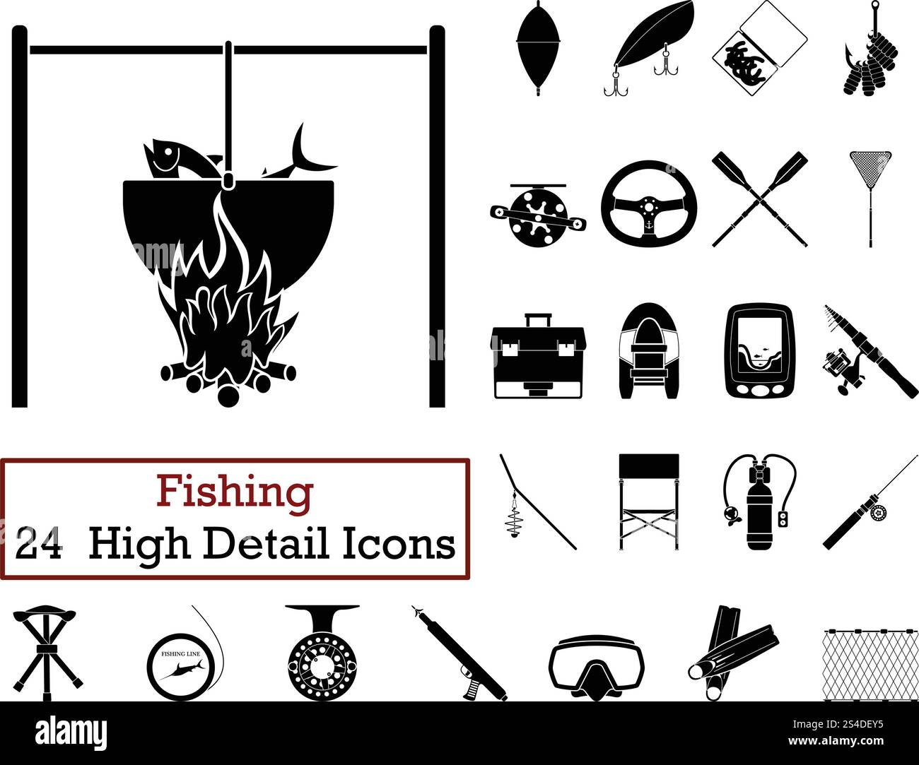 Set of 24 Fishing Icons. Monochrome color design. Vector illustration ...