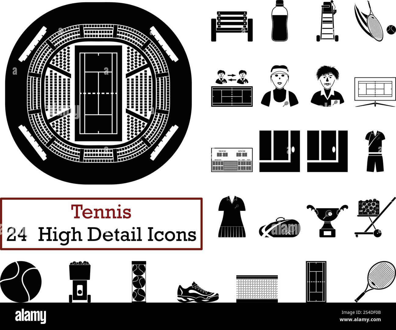 Set of 24 Tennis Icons. Monochrome color design. Vector illustration ...