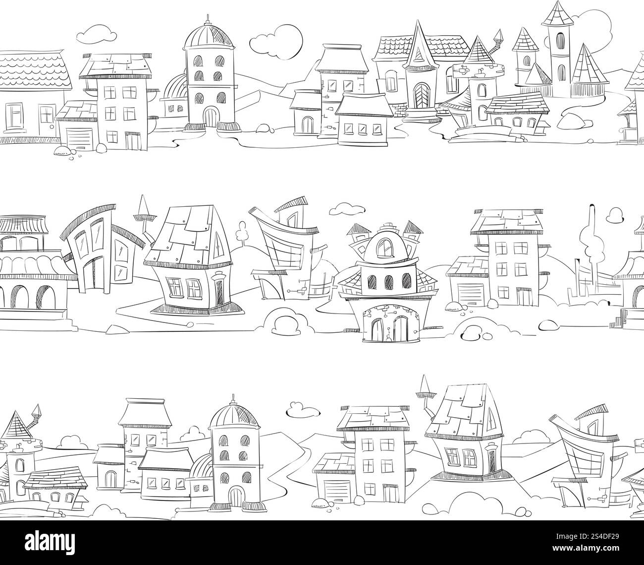Cityscape with hand drawn doodle houses vector illustration. Sketch of ...
