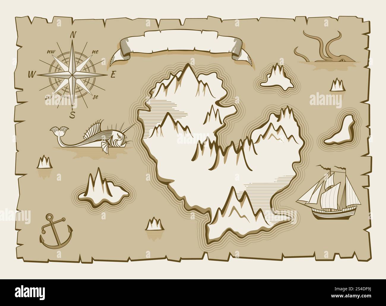Vintage parchment vector map elements. Illustration of pirate old map ...