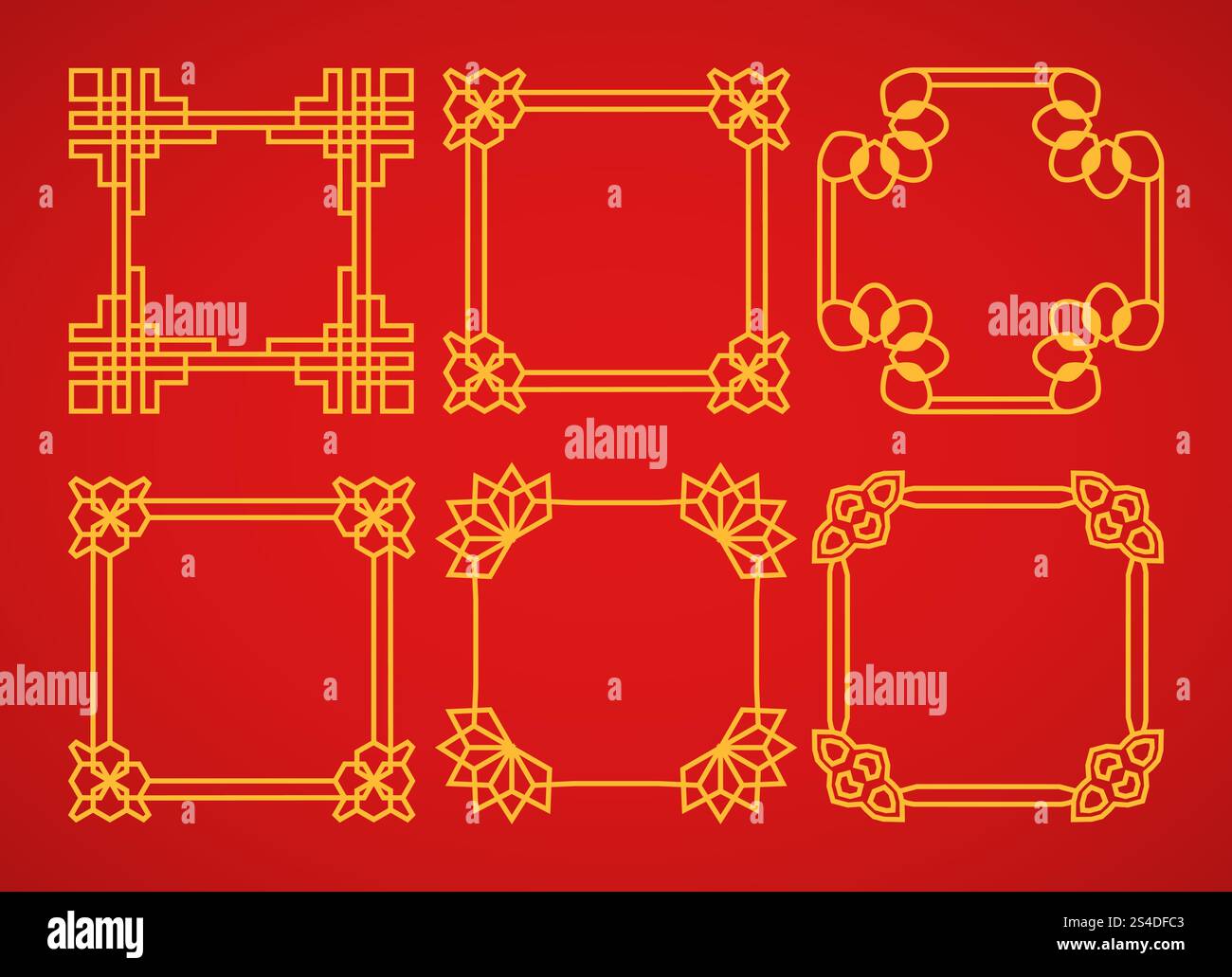 Square vector asian retro frames set. Golden frame on red background ...
