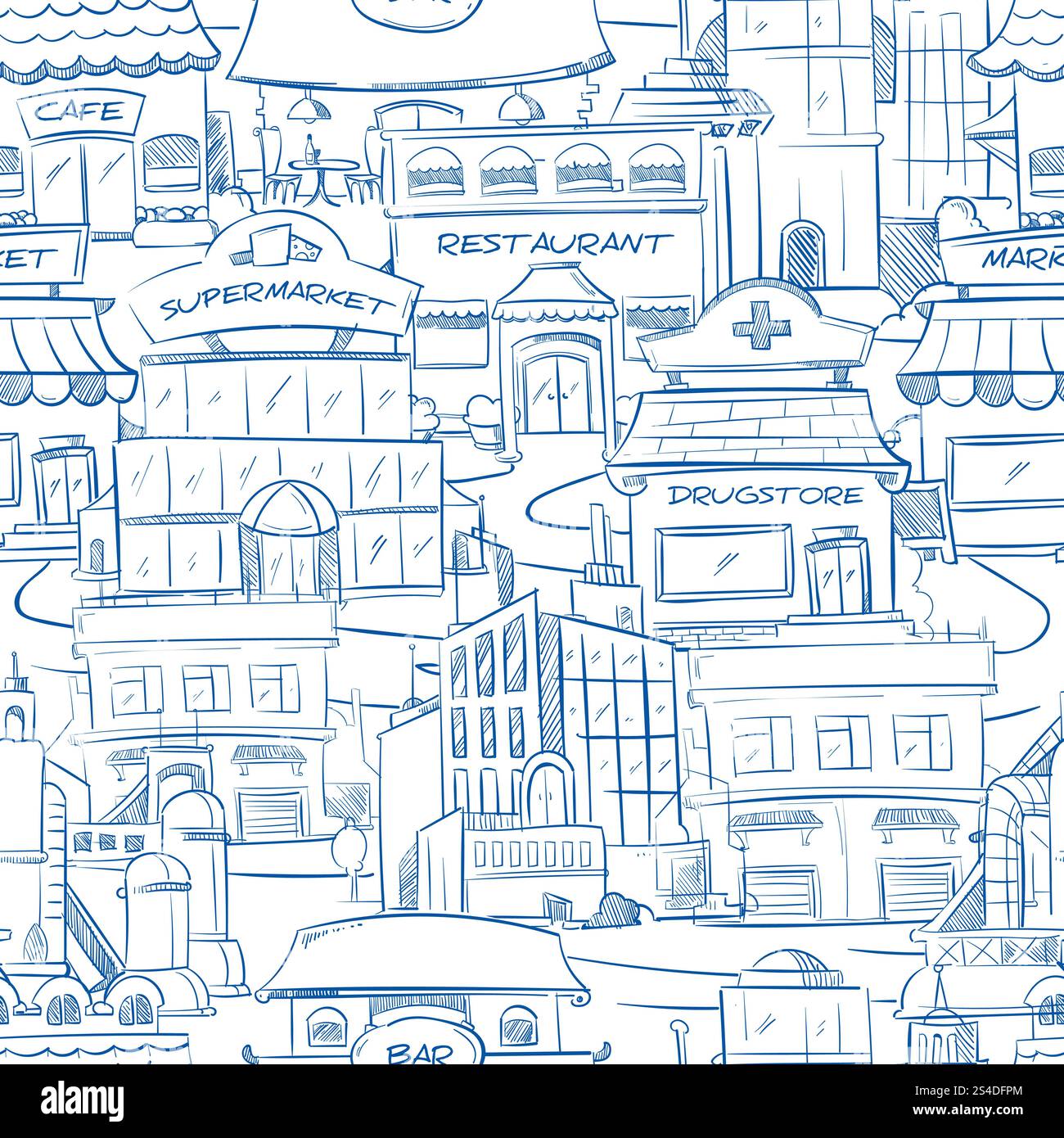 City with hand drawn buildings vector doodle urban panorama seamless ...