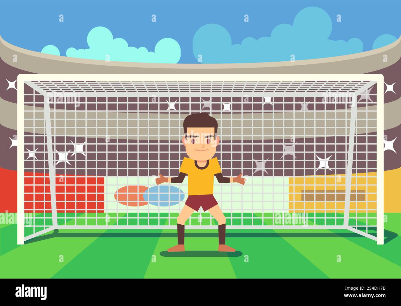 Soccer goalkeeper keeping goal on arena vector illustration. Defense ...