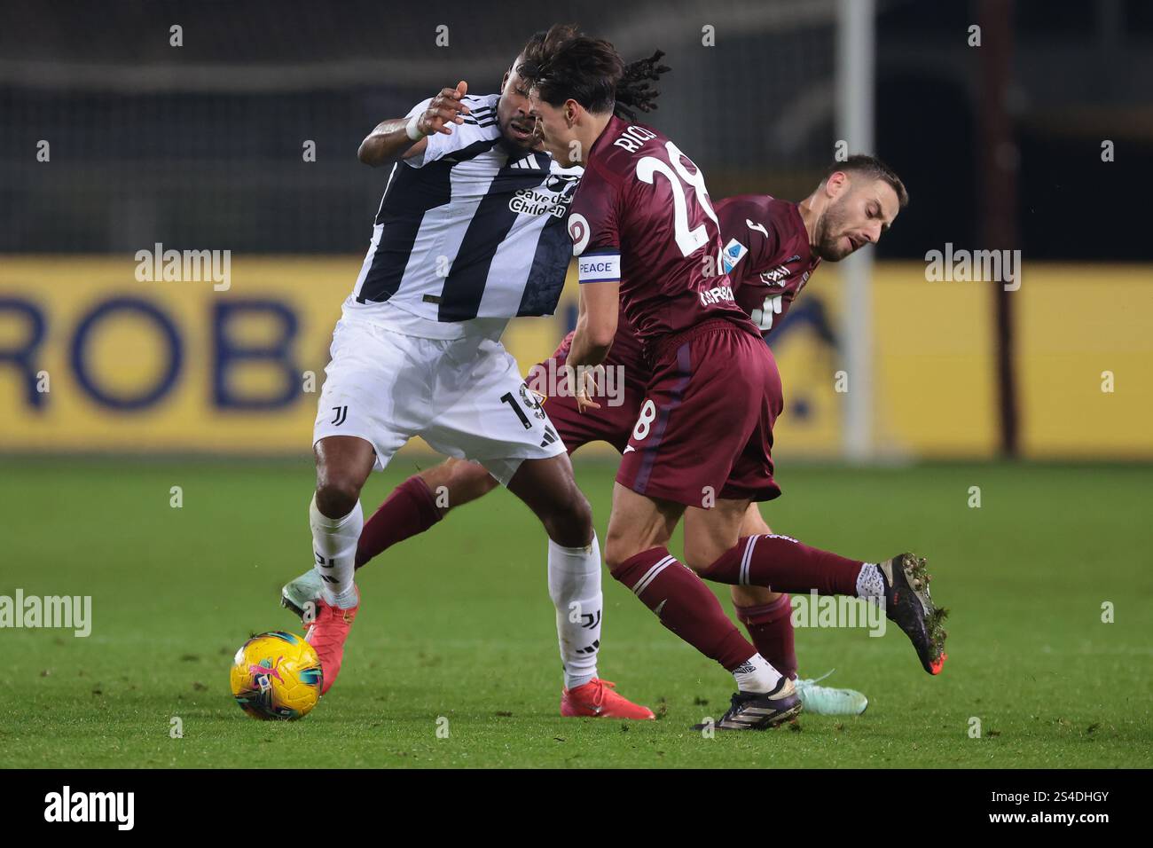 Turin, Italy. 11th Jan, 2025. Khephren Thuram of Juventus battles for ...