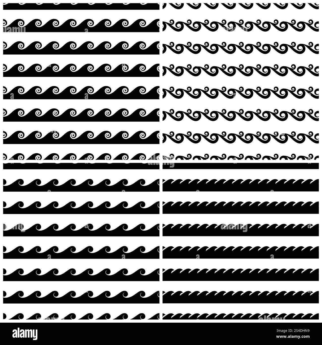 Set of swils and waves seamless patterns in black white. Monochrome ...