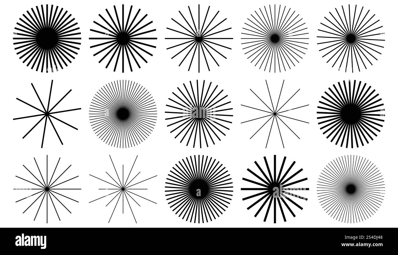 Round geometric shapes with rays. Vintage sunburst icon set elements. Circular thin line beams ...