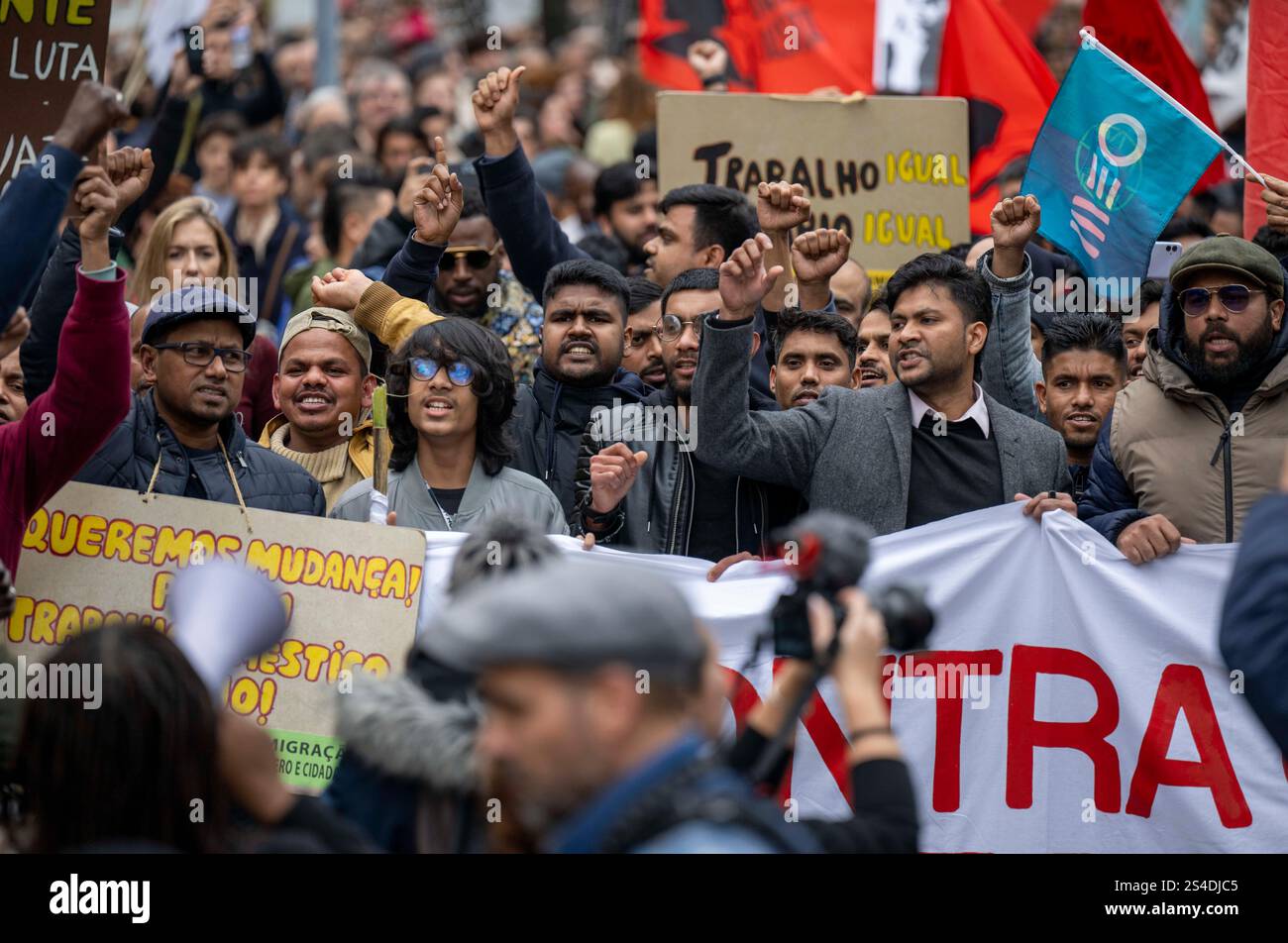 Lisbon, Portugal. 11th Jan, 2025. Protesters chant anti-racist slogans ...